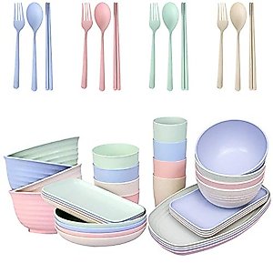 Eco Friendly，Wheat Straw Dinnerware Sets(60pcs)， Multicolor，Lightweight，Degradable ，Durable Dinner Plates Set:Bowls，Cups， Plates Set，Salad Bowls——Microwave and Dishwasher Safe