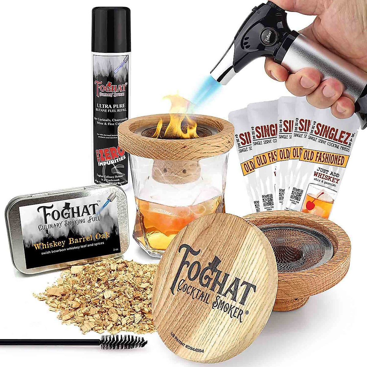 The Foghat Cocktail Smoker and Old Fashioned Smoked Cocktail Kit with Torch and Butane Refill - Bourbon Barrel Oak Wood Chips and 5 Singlez Bar Old Fasioned Mix Packets - Whiskey Smoker Kit For Drinks