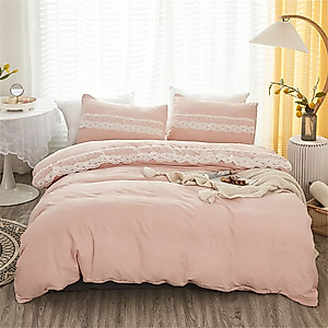 ABREEZE Washed Microfiber Laced Queen Duvet Cover Set,Vintage Grey Shabby Boho Chic Lace Farmhouse Bedding Comforter Quilt Cover 3 Pieces French Country Cottage Queen Bedding