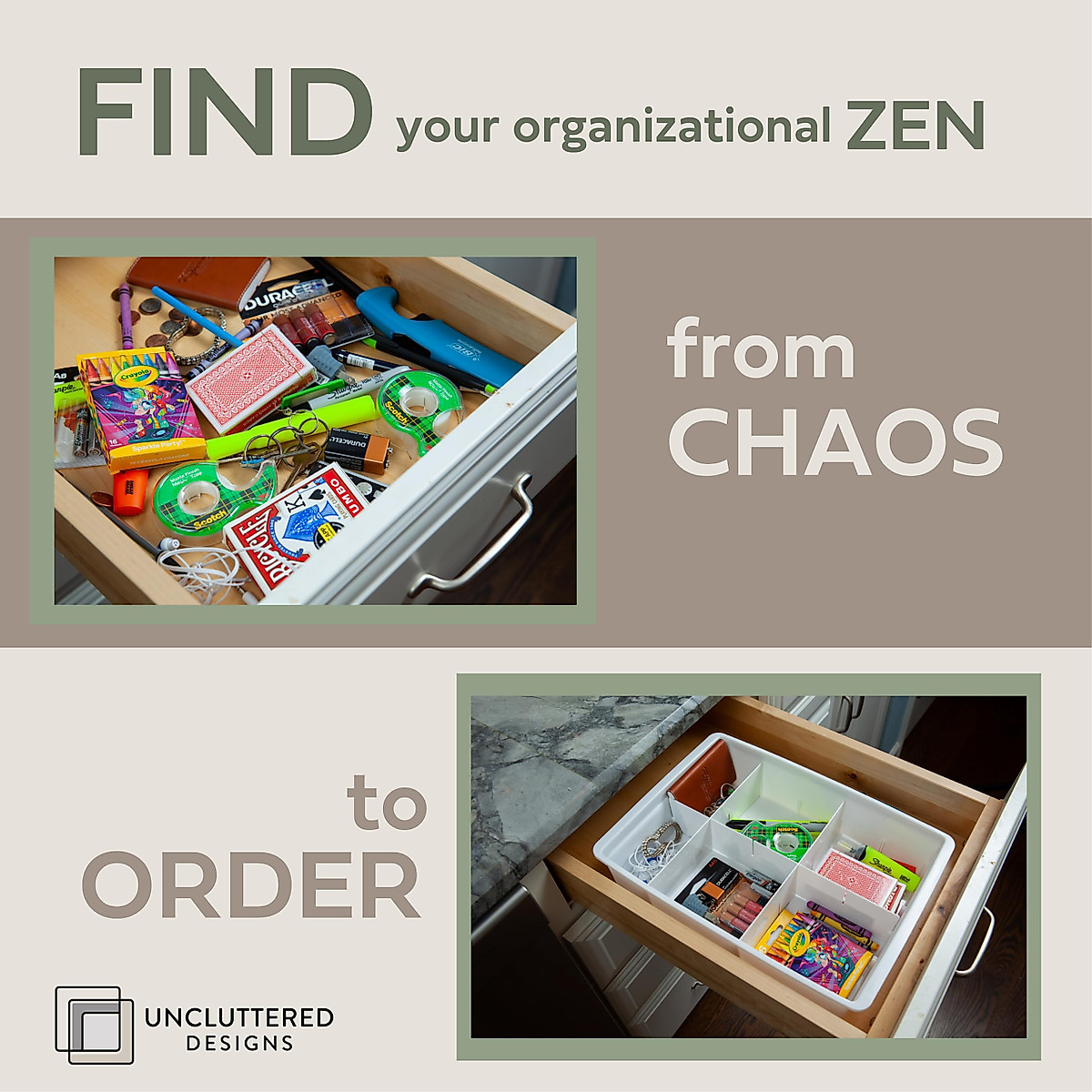 Uncluttered Designs Adjustable Drawer Dividers — Customizable Organization for Utility & Junk Drawers — Storage Solution for Kitchen and Office (White, 3 Pack)