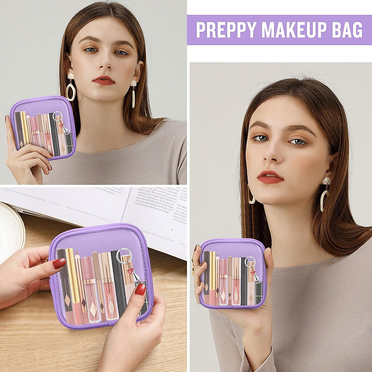 Mini Clear Travel Makeup Organizer Bag for Purse, Small Cute Makeup Bag Preppy Cosmetic Zipper Pouch Purse, Transparent PVC & Nylon Travel Coin Pouch Sanitary Napkin Storage Bag for Women Girl(Purple)