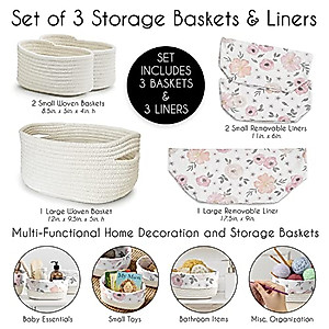 Sweet Jojo Designs Blush Pink Grey Boho Floral Girl Woven Storage Basket Set 3pc Cotton Rope Diaper Caddy Bins Baby Nursery Kids Closet Drawer Organizer Liner Bohemian Farmhouse Shabby Chic Watercolor