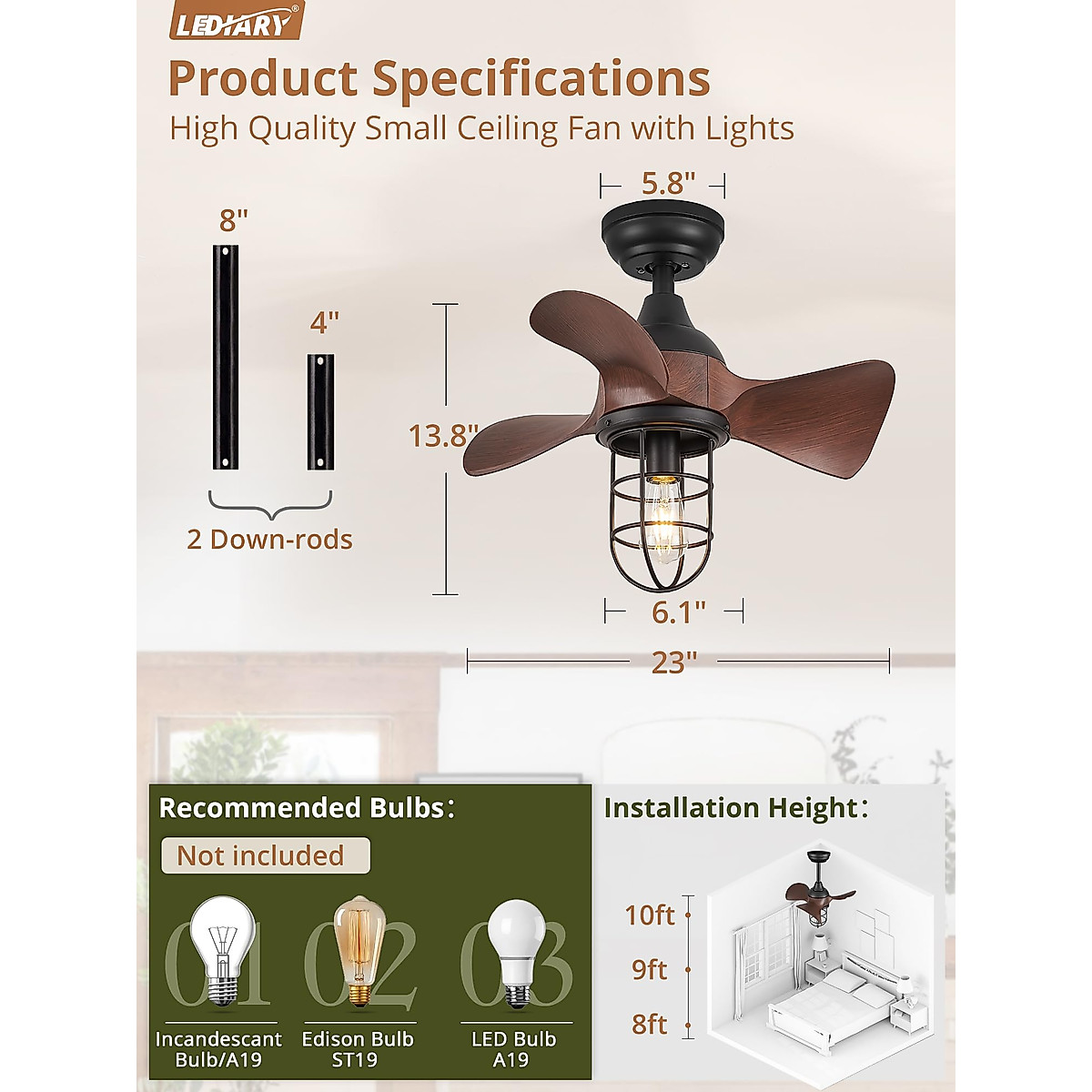 LEDIARY 23" Farmhouse Ceiling Fans with Lights - 6 Speeds Caged Ceiling Fan with Light, Small Ceiling Fan with Remote Control, Time Setting, 3 Reversible Blades for Indoor/Outdoor (Bulb Not Included)