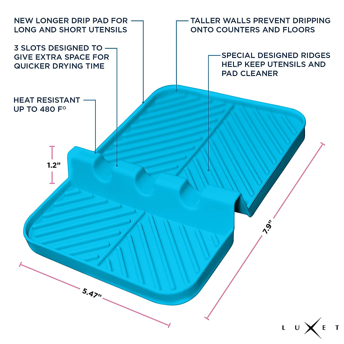 Luxet Updated Spoon Rest for Kitchen Counter, Heat-Resistant Silicone Utensil Rest for Countertop with Drip Pad,Non-Slip Spoon Holder for Stove Top Kitchen and Grill Utensil Holder Lid BPA-Free (Blue)