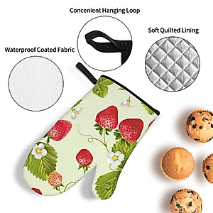 Lovely Strawberry Print Oven Mitts and Pot Holders Sets,Kitchen Oven Glove High Heat Resistant 500 Degree Oven Mitts and Pot Holder,Surface Safe for Baking, Cooking, BBQ,Pack of 4