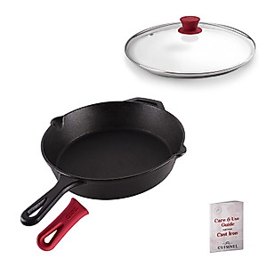 Cast Iron Skillet - 12"-Inch Frying Pan with Assist Handle and Pour Spots + Silicone Grip Cover + Glass Lid with Steam Vent Hole - 12"-Inch/30.48-cm - Compatible with Lodge Cast Iron Skillet Pan