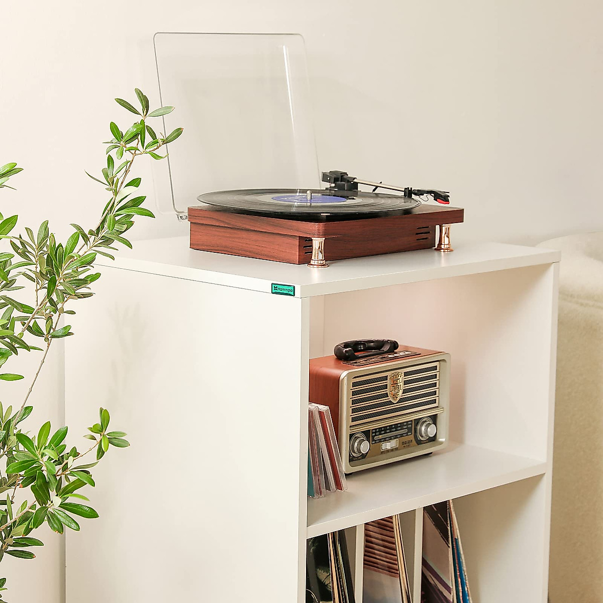 HOMMPA Record Player Stand with LED Lights White Record Storage Stand Vinyl Record Storage Cabinet with Metal Hairpin Legs Turntable Stand Table Holds Up to 150 Albums for Living Room Bedroom White