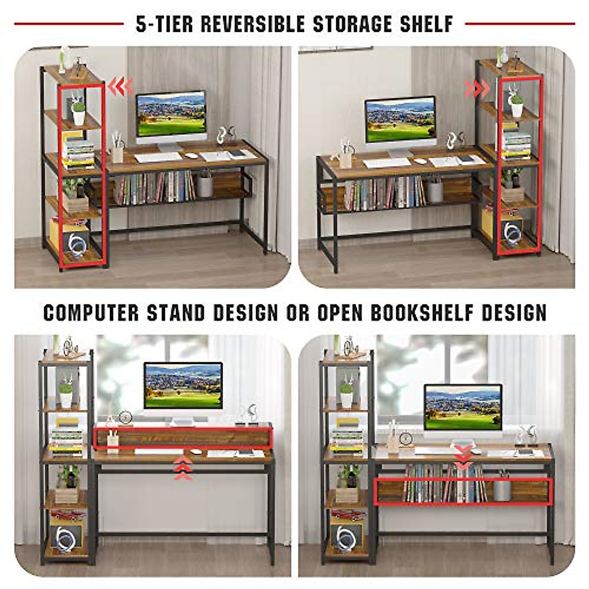 Teraves Computer Desk with 5 Tier Shelves,Reversible Writing Desk with Storage 41 Inch Study Table for Home Office Independent Bookcase and Desk for Multiple Scenes (Desk+Shelves(41in), Teak)