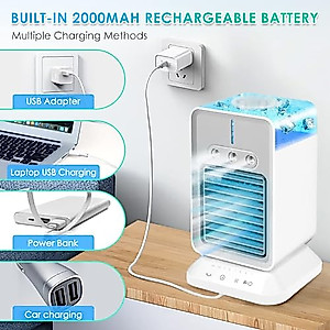 Portable Air Conditioner, 4 IN 1 Evaporative Air Cooler, Personal Mini Air Cooler with 3 Wind Speeds and 3 Cool Mist & 2-4H Timer, 90°Rotation Desktop Cooling Fan for for Home Room Camping Car Office