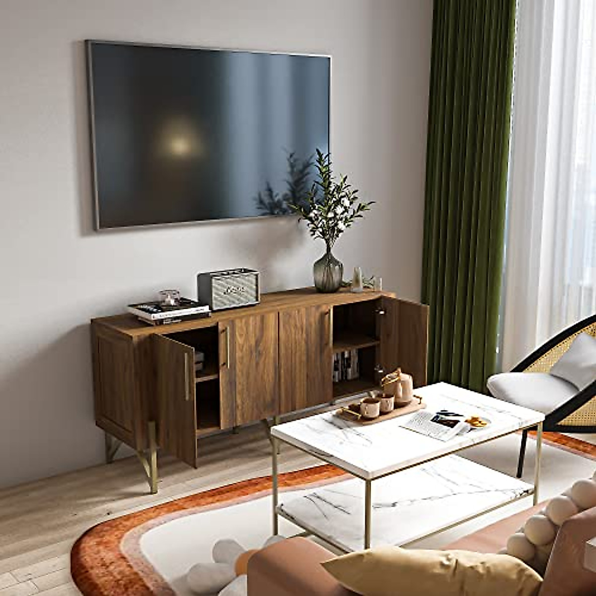 roomfitters 65” Wood TV Stand, 2 Door Media Console, Modern Credenza for Living Room, Mid Century Sideboard Buffet Cabinet, Japandi Entertainment Center with Storage (Walnut, Gold Legs)