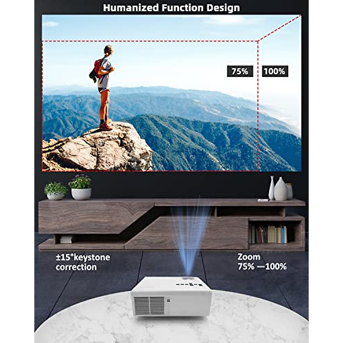 Projector,Native 1080P HD Projector,200" Display & 25% Zoom, Video Projector Compatible with TV Stick/PC/USB/Smartphone,Mini Portable Projector for Home Cinema& Outdoor Movie