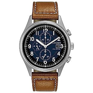 Citizen Men's Eco-Drive Weekender Garrison Chronograph Field Watch in Stainless Steel with Brown Leather strap, Blue Dial (Model: CA0621-05L)