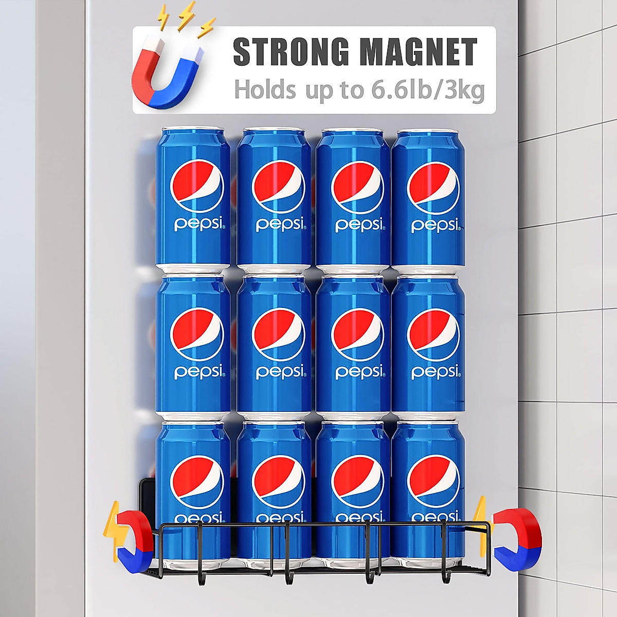 Lunememo Magnetic Spice Rack for Refrigerator - 8 Hooks - 4 Pack Magnetic Shelf Organizer for Fridge, Microwave Oven and Whiteboard - Space Saving Seasoning Rack for Small Kitchen, Black