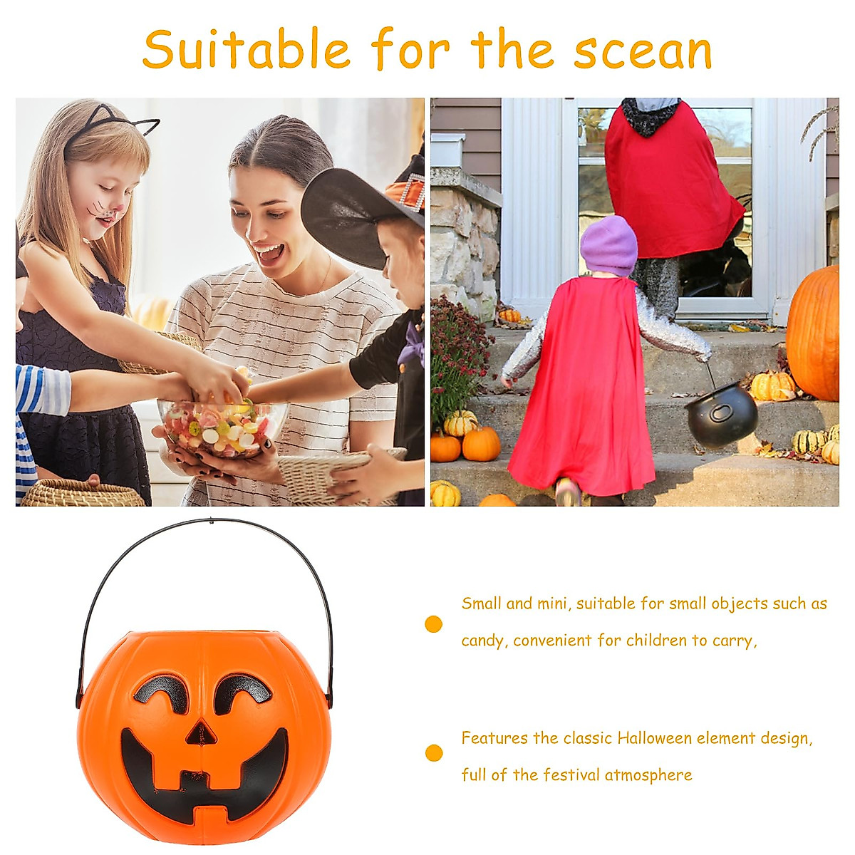 SAFIGLE 2 Pcs 17cm Large Plastic Halloween Pumpkin Buckets - Portable Trick or Treat Candy Pails for Kids, Perfect for Halloween Party Decorations Plastic Trick or Treat Buckets Pumpkin Pail