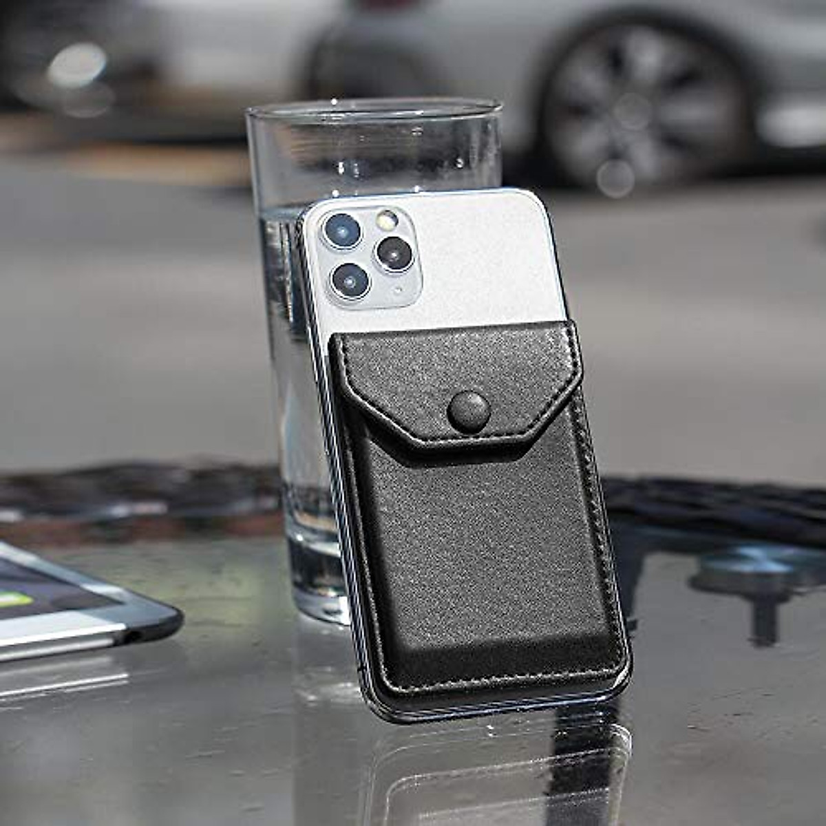 YUNCE Adhesive Cell Phone Ultra-Slim Leather Wallet Stick on Wallet for Credit Card, Business Card, and Id with Phone, and Phone Case, RFID Blocking Sleeve Black