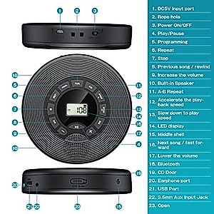 KOVCDVI Portable CD Player for Car Bluetooth CD Player with Speakers 1500mAh Rechargeable Battery Personal CD Players with Display Headphones Memory Function PROG Repeat Mode Supports USB MP3 AUX Play