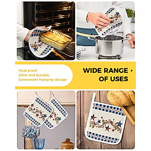 4th of July Pot Holders for Kitchen Heat Insulation, Blue Plaid Red Star Independence Day Potholders Hot Pads with Hanging Loop, Washable Oven Mitts Pot Holder Trivet for Cooking Baking 5 Pack