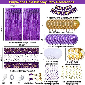 Birthday Decorations for Women girls, Purple Gold Birthday Decorations for Women with Bunting Banner, Fringe Curtains, Hanging Swirl,Tablecloth Balloons Arch Kit Engagement Anniversary Party Decor Suit