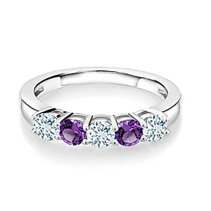 Gem Stone King 925 Sterling Silver Sky Blue Aquamarine and Purple Amethyst Wedding Band Ring For Women (0.96 Cttw, Round 3.5MM, Gemstone March Birthstone, Available In Size 5, 6, 7, 8, 9)