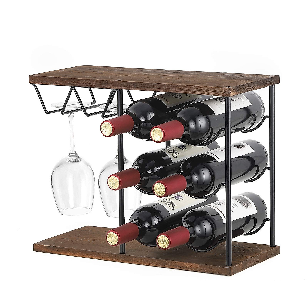 MOOACE Wine Glass Rack Free Standing Floor, Metal & Wood Countertop Wine Holder, 6 Bottles and 4 Glasses Stand