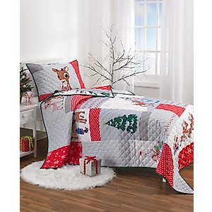 Franco Rudolph The Red Nose Reindeer Holiday Bedding Super Soft Pillow Sham and Quilt Set, Full/Queen Size 88" x 92", (100% Officially Licensed Product)