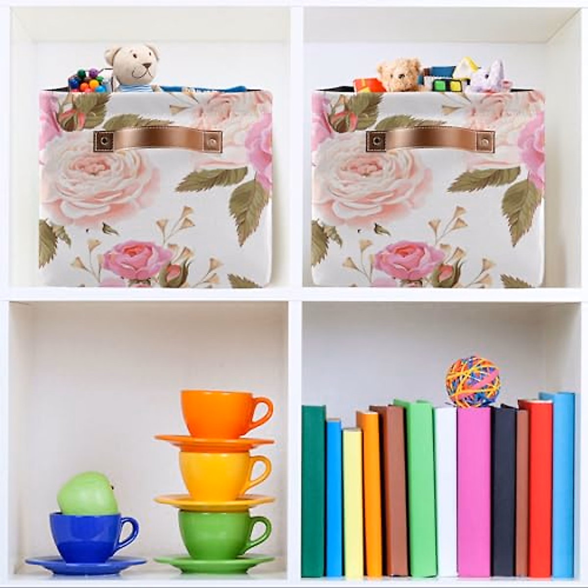 susiyo Large Foldable Storage Bin Floral Pink Roses Fabric Storage Baskets Collapsible Decorative Baskets Organizing Basket Bin with PU Handles for Shelves Home Closet Bedroom Living Room-1Pack