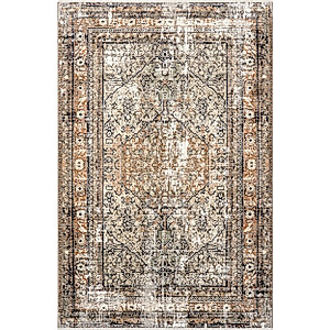 nuLOOM Charvi Distressed Medallion Fringe Area Rug - 10x14 Area Rug Vintage Beige/Ivory Rugs for Living Room Bedroom Dining Room Kitchen