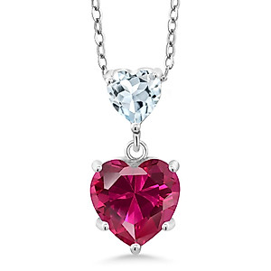 Gem Stone King 925 Sterling Silver Red Created Ruby and Sky Blue Aquamarine Double Heart Pendant Necklace for Women (2.12 Cttw, Heart 8MM and 5MM, with 18 Inch Silver Chain)