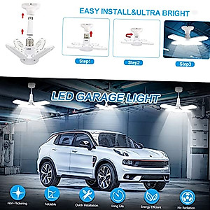 Gawany 1 Pack Mini LED Garage Light, 38W Deformable LED Garage Ceiling Lights with 4 Adjustable Panels, 6000LM 6500K E27/E26 LED Shop Lights for Garages, Workshop,Indoor, Outdoor White 256bu