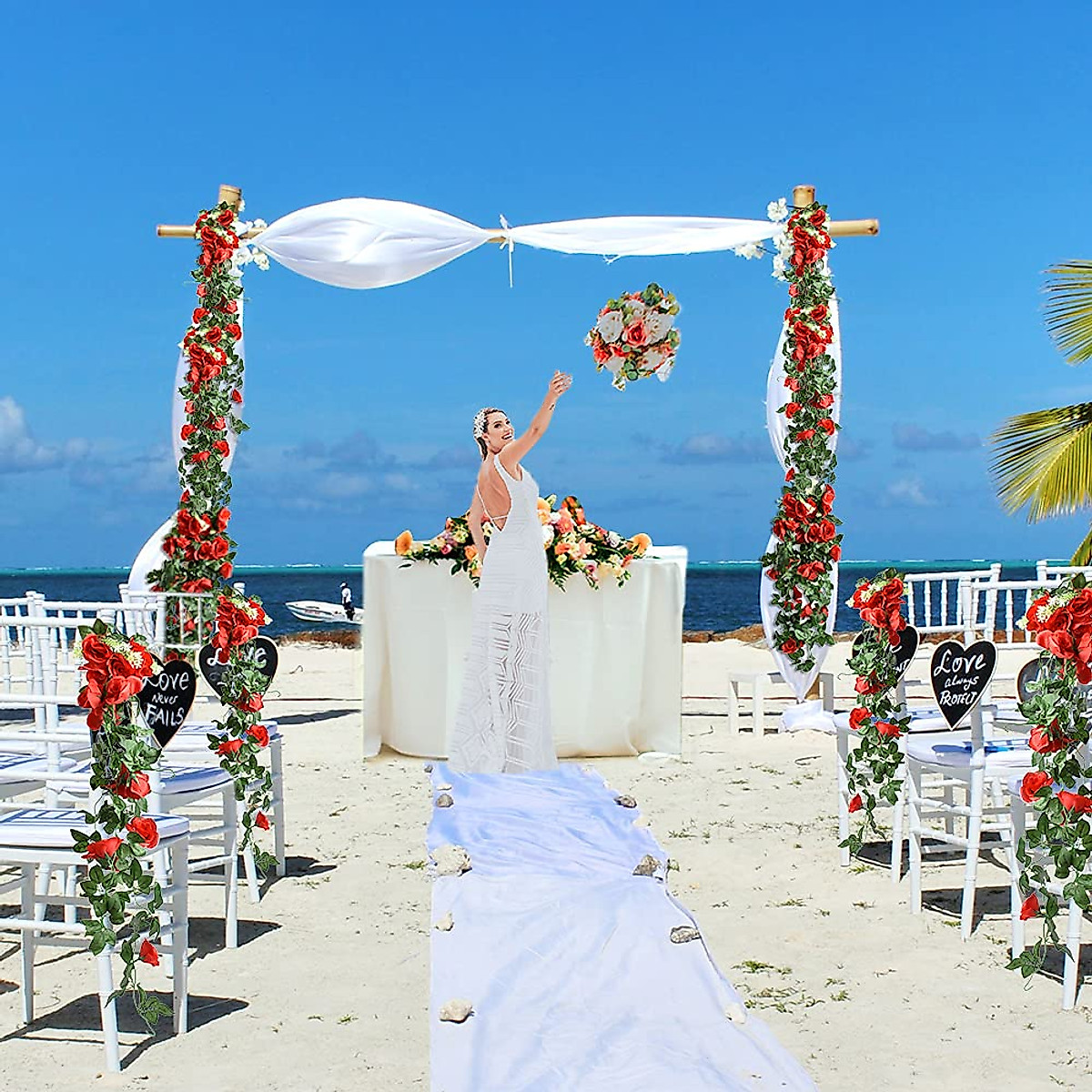 VIOCIWUO 2PCS Artificial Rose Vine Flowers, Fake Garland Plant Hanging Silk Rose Vine for Wall Home Balcony Garden Wedding Indoor Outdoor Decoration(Red, 35.4 Inch)