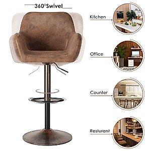 Keyluv Bar Stools Set of 2 for Kitchen Counter Adjustable Swivel Height Barstools 29 Inch Faux Leather Bar Chairs with Padded Back and Chromed Metal Base, Retro Brown