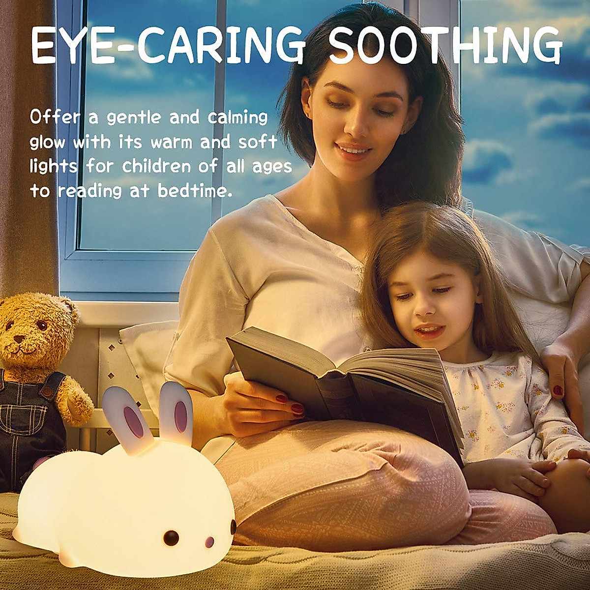 Cute Bunny Kids Night Light, Bunny Light Cute Lamp Battery Operated Nursery Toddler Night Lights for Girls Kids Babies - Portable Squishy Color Changing Birthday Christmas Gift Nightlight for Children