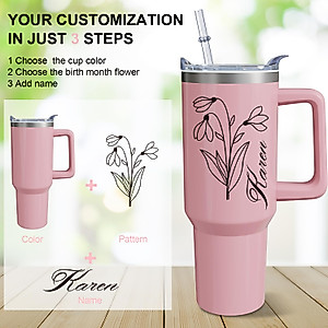 Personalized Gifts 40 Oz Tumbler with Handle and Straw Lid with Names and Birth Flower, Custom Stainless Steel Double Walled Vacuum Insulated Cup, Customized Photo Gifts for Women Men