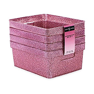 Isaac Jacobs Small Glitter Storage Bin (10” x 7.5” x 4.25”) Set w/Cut-Out Handles, Plastic Organizer, Multi-Functional, Home Storage Solution, Kids Playroom, Bedroom, Closet (4, Pink)