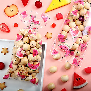 Zonon 100 Pieces Watermelon Treat Bags cellophane bags watermelon party bags Plastic Candy Bag Pink with 100 Silver Twist Ties for Summer Beach Watermelon Birthday Party Baby Shower Supplies