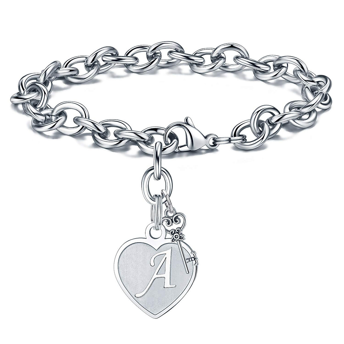 Initial Charm Bracelet for Women - Engraved Letter A Initial Bracelet Womens Stainless Steel Heart Letter Charm Bracelet Adjustable Birthday Christmas Valentines Gifts for Her Women Teen Girls