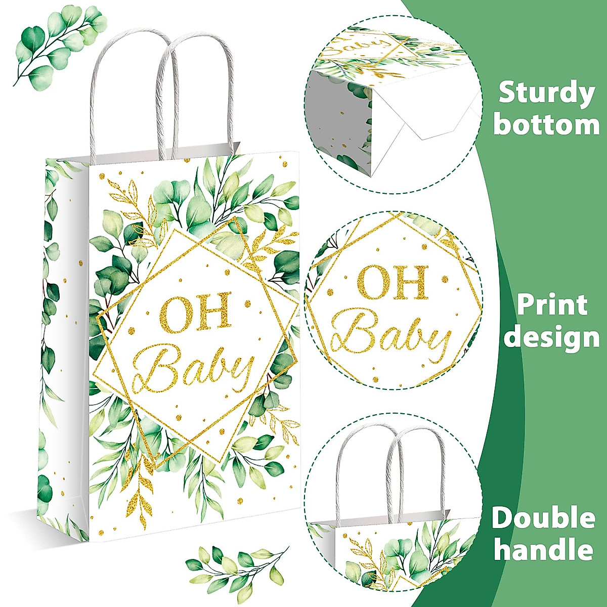 ZOIIWA 12pcs Oh Baby Party Favors Bags Sage Green Candy Bags Eucalyptus Leaf Treat Bags Gold Foil Greenery Goodie Bags for Sage Boho Woodland Neutral Baby Shower Party Decorations Supplies