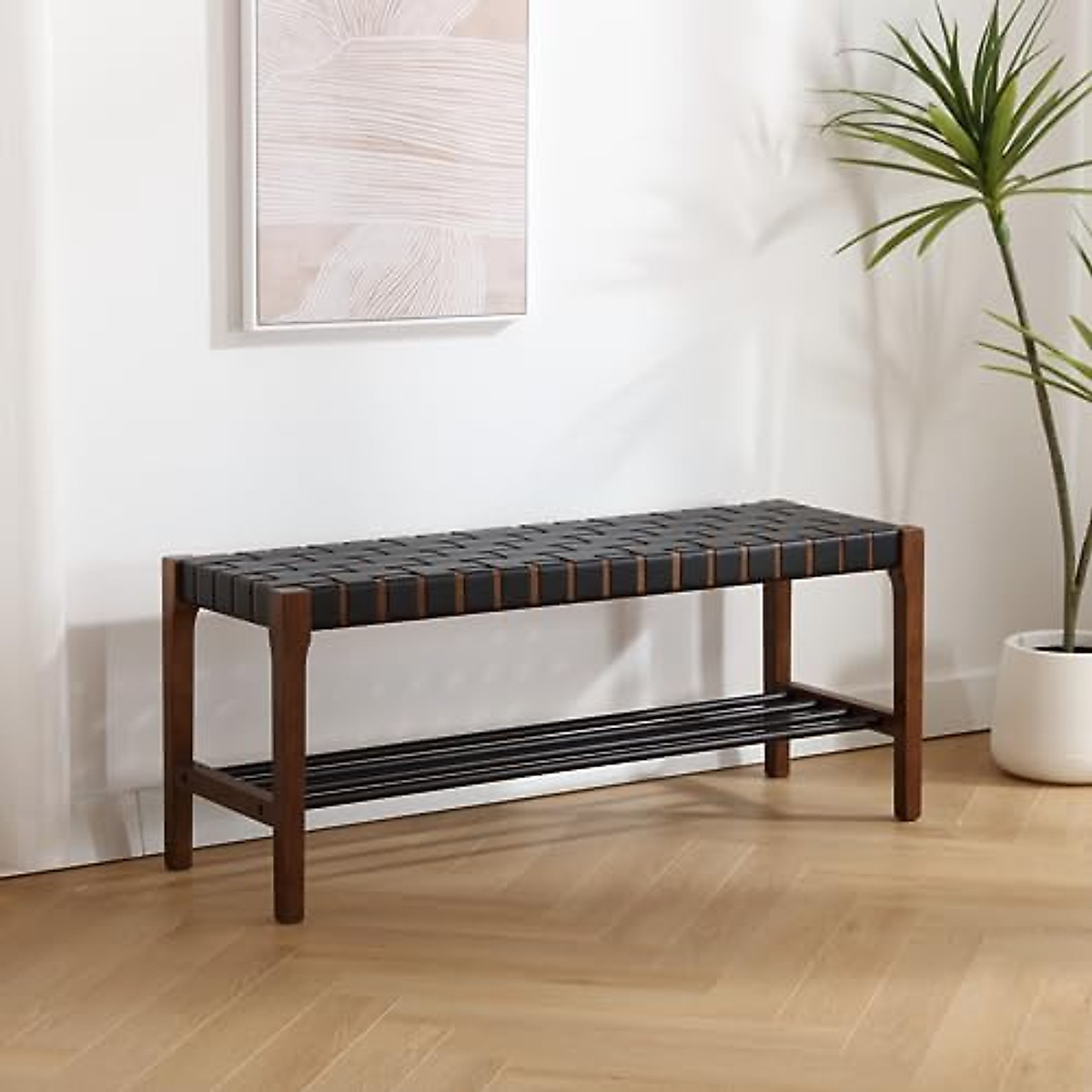Janoray Solid Wood Bench, Modern 45" Long Dining Bench with Faux Leather Woven Strips & Metal Shelf Comfy Seat for Entryway/Dning Room/Bedroom, Black