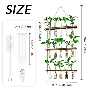 Monsiter QE 3 Tier Large Propagation Stations Wall Hanging Plant Terrarium with Wooden Stand, Retro Propagation Test Tube for Hydroponic Plants Cutting Flower, Propagator Home Office Patio Decor-Brown