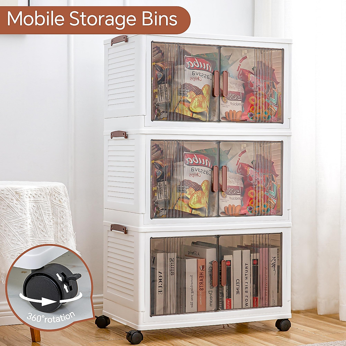 Homeforce Collapsible Storage Bins with Lids 3 Pack 17 Gal Each, Stackable and Foldable Storage Boxes with Doors & Wheels, Large Closet Organizers and Storage Cabinet, Suitable for kids over 6