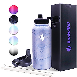 DY DuoYuMdi 32oz stainless steel water bottle, double lid vacuum insulated water bottles with straw, hot and cold insulation, suitable for outdoor sports. (Marble white)