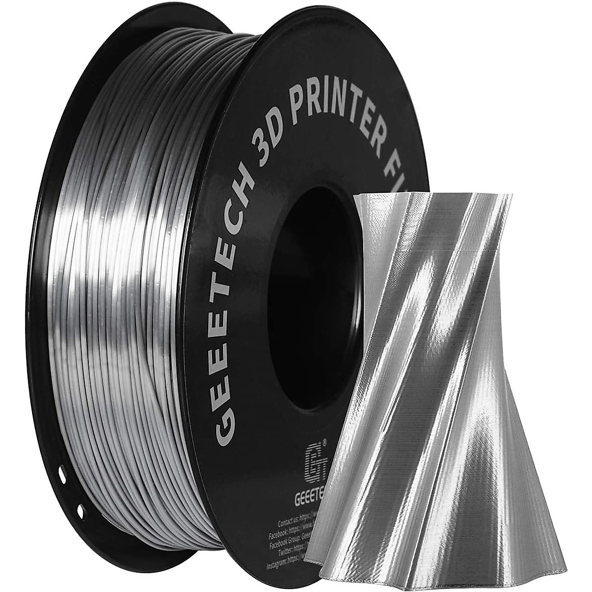 Geeetech Silk PLA Filament 1.75mm for 3D Printer, Metal-Like Shiny Consumable 1kg (2.2lbs) 1 Spool, Dimensional Accuracy +/- 0.03 mm,Metallic Silver