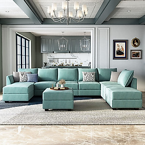 HONBAY Oversized Modular Sectional Sofa with Storage Reversible Sectional Couch Modular Sofa with Chaise U Shaped Sectional Set with Ottoman for Living Room, Aqua Blue