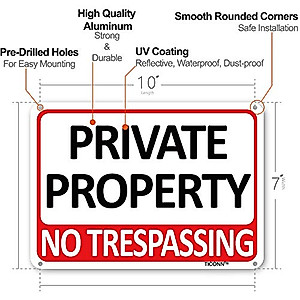 TICONN 4-Pack Private Property Sign, No Trespassing Aluminum Warning Sign, 7’’x10’’ for Security Alert, Reflective, UV Protected & Waterproof