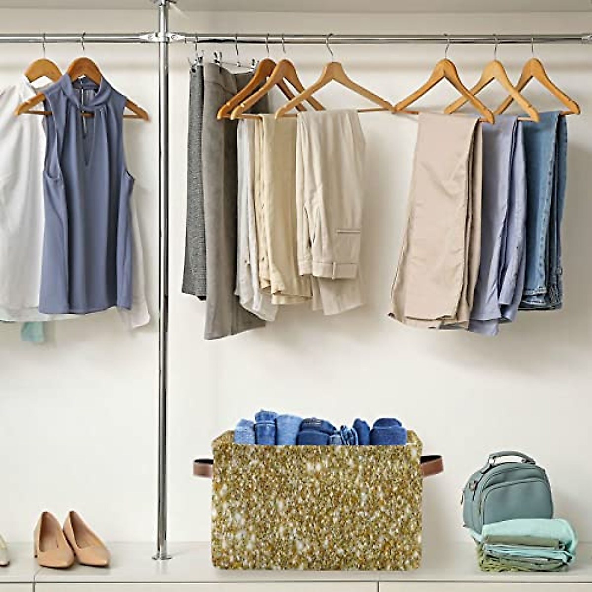 Kigai Gold Sequins Storage Basket, Foldable Canvas Cube Storage Bin with Handles for Home Office Closet, 2pcs