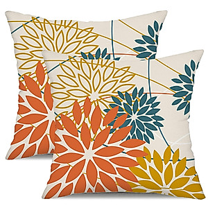 Orange and Yellow Floral Pillow Covers 18x18 Set of 2 Fall Outdoor Waterproof Decorative Throw Pillows Summer Pillowcovers Polyester Cushion Case Decor for Couch Patio Funiture Garden Porch 01Q18