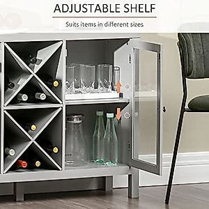 HOMCOM Coffee Bar Cabinet, Sideboard Buffet Cabinet with Removable Wine Rack, Tempered Glass Door and Adjustable Shelves, Wine Cabinet for Living Room, Kitchen, Entryway, Gray
