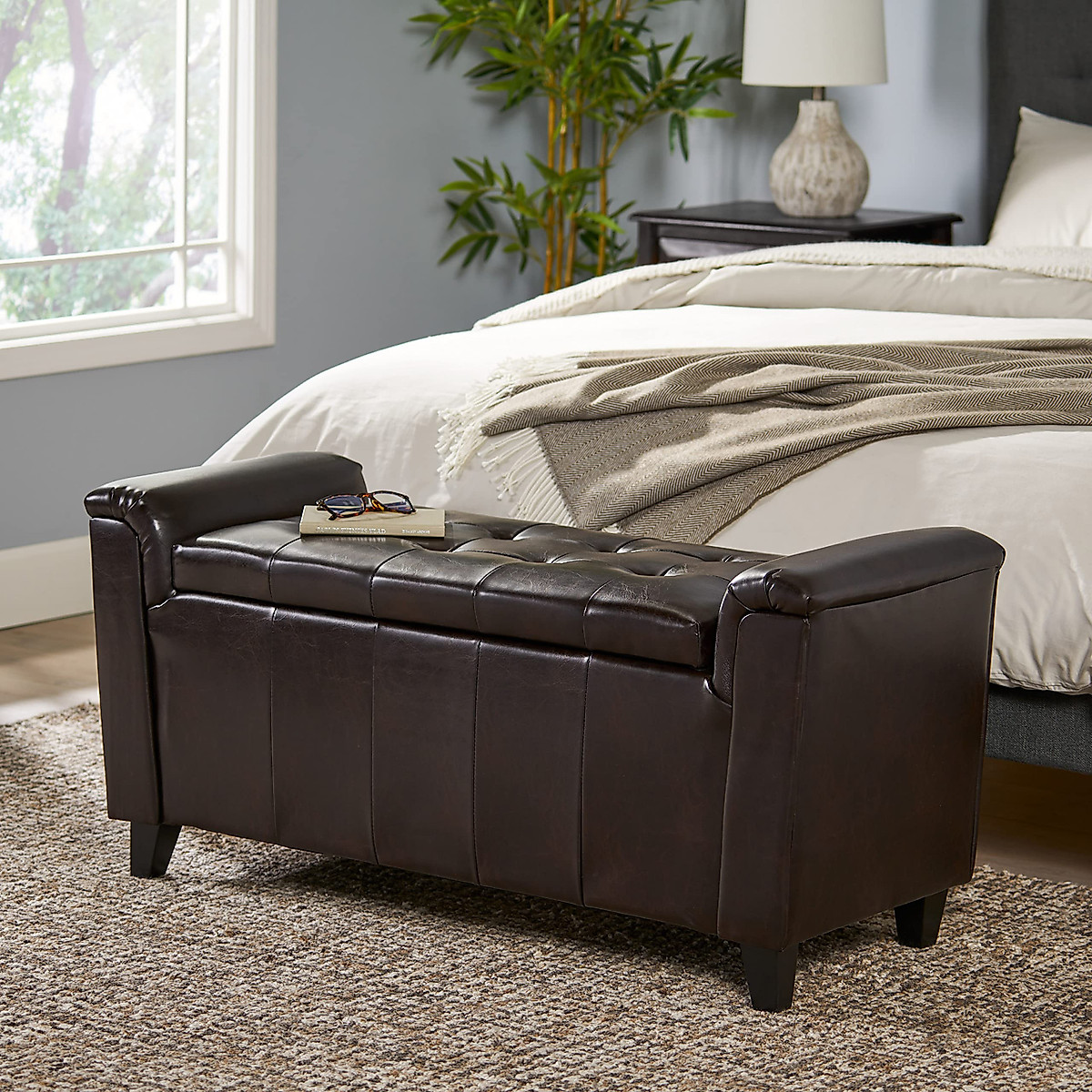 Christopher Knight Home Alden Armed PU Storage Bench, Brown, 17. 50D x 45. 50W x 20.75H