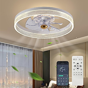 Fszdorj 20‘’ Ceiling Fan with Light, 2024 Upgraded, Low Profile Fan, Flush Mount Ceiling Fan, 6 Speeds, Dimmable LED, App & Remote Control, Quiet DC Motor, For Bedroom, Living Room, F093 White