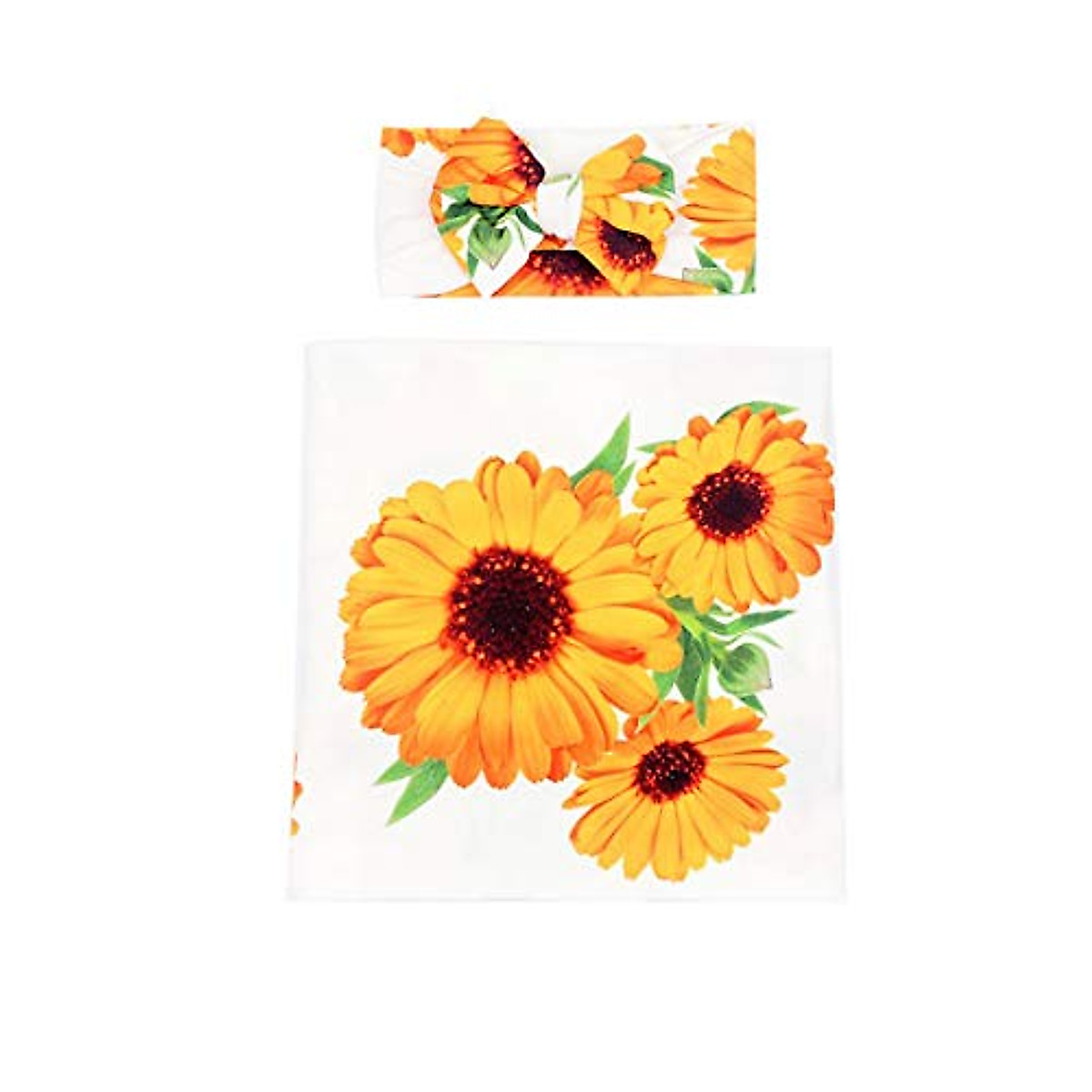 Thorn Tree Newborn Baby Girl Receiving Blankets Infant Baby Sunflower Swaddling+Bowknot Headbands 2Pcs for Cute Baby (0-3 Months,White Baby Wrap Blanket)